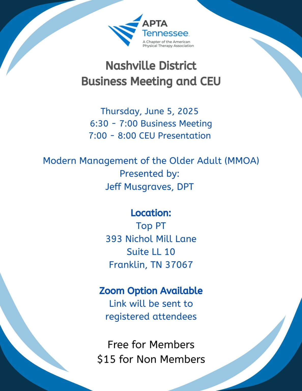 APTA TN Nashville District Meeting & CEU - APTA Tennessee